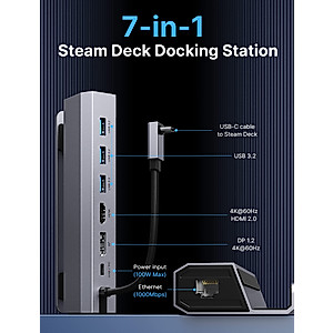 JSAUX Docking Station for Steam Deck/Rog Ally/Legion Go, 7-in-1 Steam Deck Dock with HDMI 4K@60Hz, DisplayPort, Gigabit Ethernet, USB-A 3.2 and 100W Charge Compatible with Steam Deck OLED-HB0702