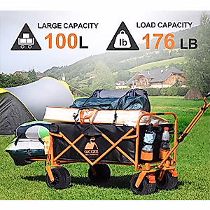 GICOOL Collapsible Heavy Duty Wagon Cart with Big Wheels & Brake, Large Capacity Folding Utility Wagon Cart, for Pet Sand Outdoor Camping Garden Works Shopping, with Two Elastic Ropes