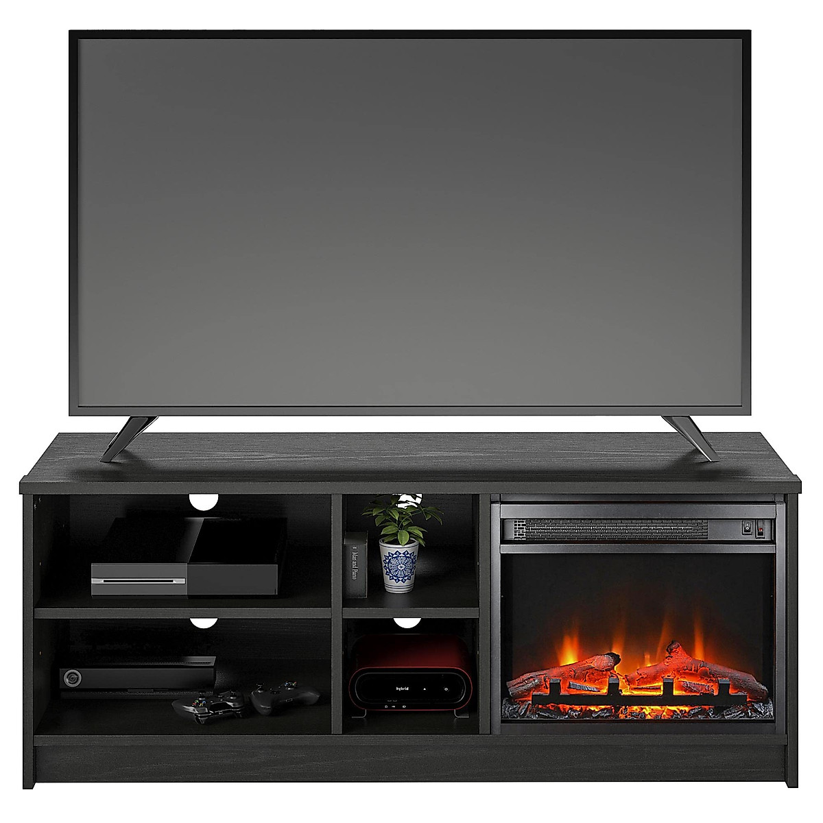 Ameriwood Home Noble TV Stand with Electric Fireplace Insert and 4 Shelves, 65”, Black Oak
