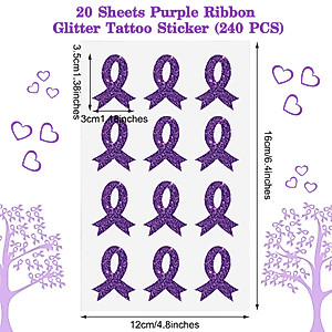 20 Sheets 240 Pcs Purple Ribbon Glitter Tattoos Domestic Violence Awareness Ribbon Temporary Tattoos Lupus Overdose Alzheimers Pancreatic Cancer for Women Man Charity Public Social Event
