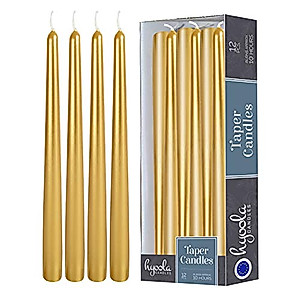 12 Pack Tall Metallic Taper Candles - 12 Inch Gold Painted Metallic, Dripless, Unscented Dinner Candle - Paraffin Wax with Cotton Wicks - Individually Wrapped -by Hyoola