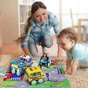 TOY Life Toddler Cars Pull Back Cars for Toddler Plush Car Toys for 2 Year Old Boy Softs Toy Cars for Baby Cars with Map Toddler Car Toys Soft Plush Toys for Toddler Pull Back Truck Infant Boy Toys