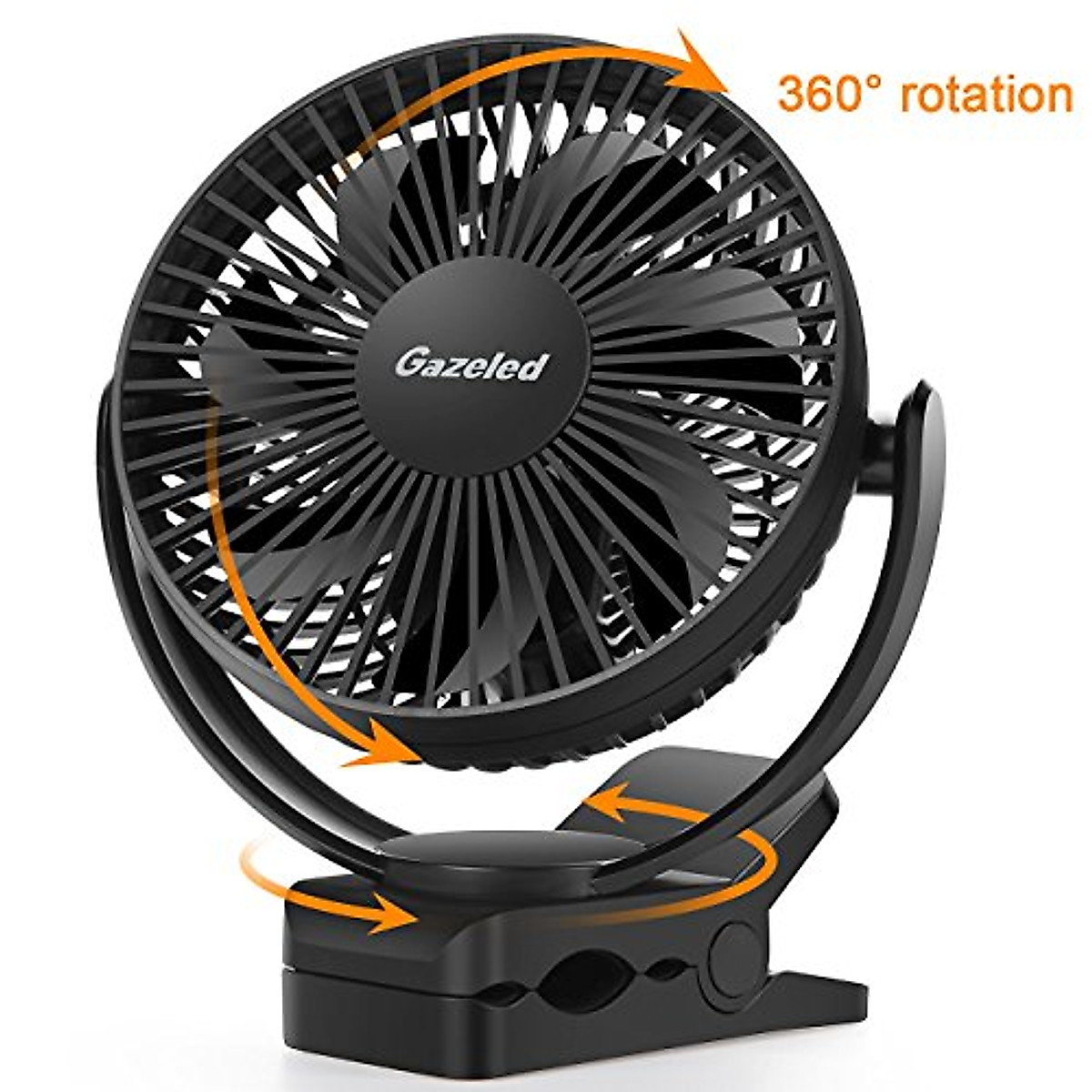 Gazeled Battery Operated Fans for Camping, Battery Powered Fan with Clip, Timer, 3 Speeds, 6700mAh Rechargeable Stroller Fan, Portable Fan with Strong Clamp, Quiet Desk Fan for Home,Office,Black