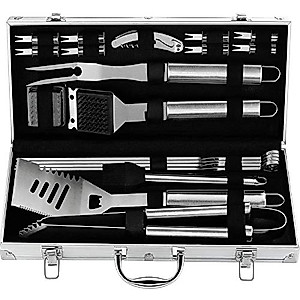 20 Piece Heavy Duty BBQ Grill Tools Set - Extra Thick Stainless Steel Spatula, Fork & Tongs. Complete Barbecue Accessories Kit in Aluminum Storage Case
