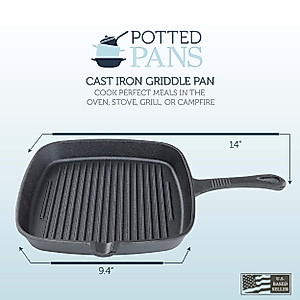 Potted Pans Square Cast Iron Skillet - 9.4-inch Pre-Seasoned Cast Iron Griddle Cooking Pan Camping Skillet Iron Pan