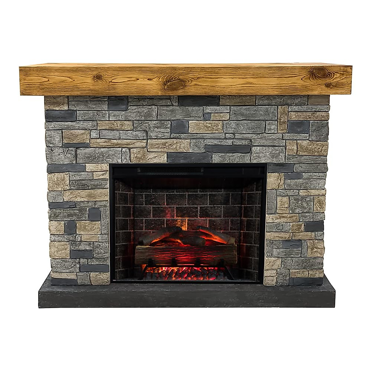 Country Living Dixson 55 Inch Wood Mantel with Faux Stone Brick Surround & 28" Smart Electric Fireplace | 55" W x 16" D x 43" H