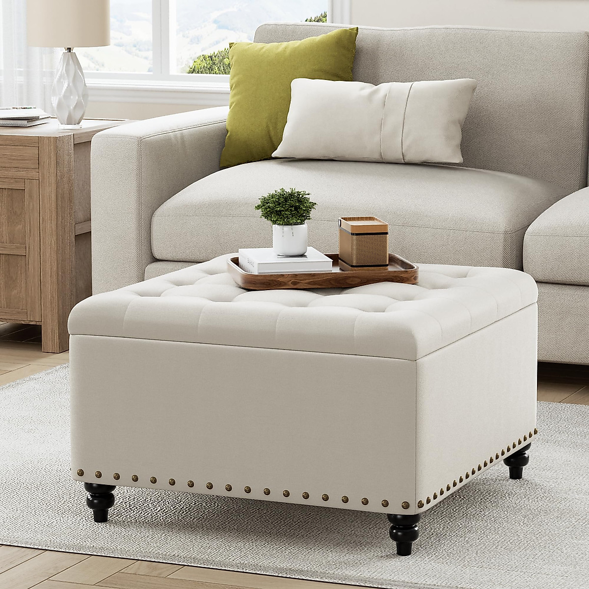 HUIMO Square Storage Ottoman,Ottoman Coffee Table with Storage,Oversized Ottoman,Tufted Storage Ottoman for Living Room (Beige)