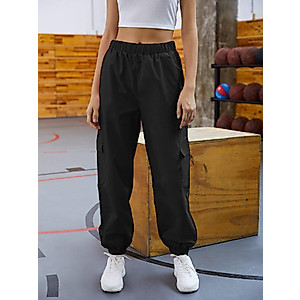 SweatyRocks Women's Casual Elastic Waist Jogger Workout Cargo Pants with Pockets Pure Black XS