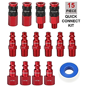 YOTOO 15 Pieces Universal Air Coupler and Plug Kit, Quick Connect Air Hose Fittings, Heavy Duty Aluminum Air Fittings, Lightweight, Push to Connect air tools and air compressor, Red