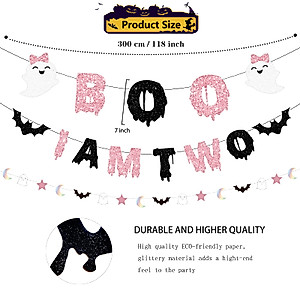 Boo I'm Two Halloween Banner and Ghost Bat Moon Star Garland Pink Black Glitter- Halloween 2nd Birthday Party Decorations for Girl, Here for the Boos Baby Shower Decorations