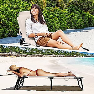 Goplus Folding Lounge Chair for Beach Poolside Balcony Patio, Portable Recliner w/Tanning Face Down Hole and Pillow (1, Beige)