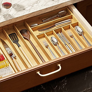 SpaceAid Bamboo Silverware Drawer Organizer with Labels, Kitchen Utensil Expandable Tray Holder Organizer for Flatware, Cutlery, Spoon and Knives Drawer Storage Organization (Natural, 10 Slots)