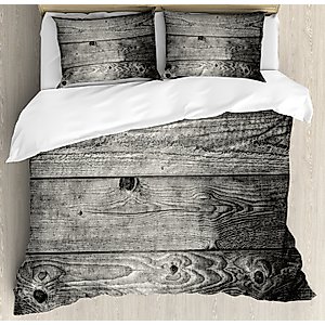 Ambesonne Dark Grey Duvet Cover Set, Ombre Style Grunge Wooden Planks Rustic Timber Oak Wall Rough Texture Image, Decorative 3 Piece Bedding Set with 2 Pillow Shams, Queen Size, Grey Black