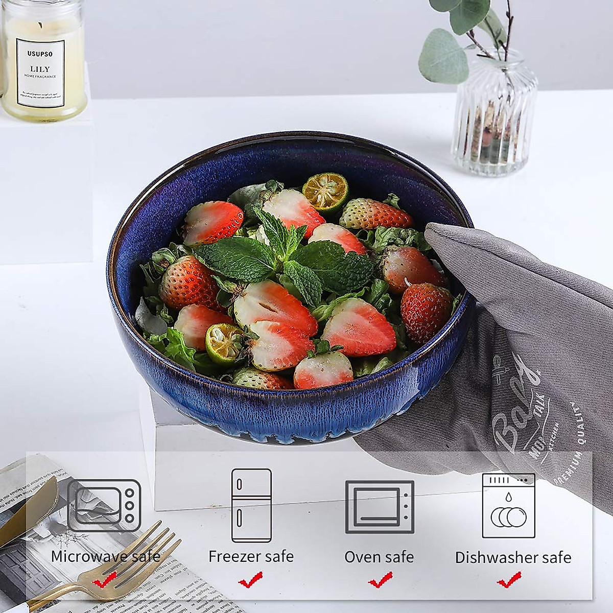 KOOV 58 oz Salad Bowls, Ceramic Bowl Set, Stackable Soup Bowls, Large Bowls, Reactive Glaze Set of 3 (Nebule Aegean)