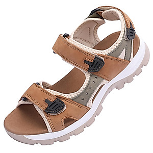 Harssidanzar Women's Leather Sandals Outdoor Sandals Hiking Sandals Casual Walking Sandals Strap Adjustable Beach Sandals For Women SL256US,Camel Grey, Size 6.5