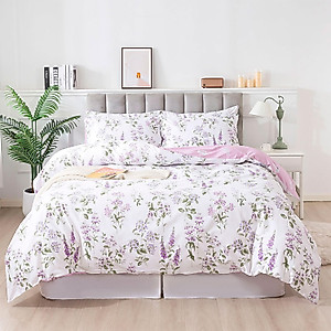 FADFAY Purple White Floral Duvet Cover Sets Queen 100% Cotton Lilac Lavender Reversible Comforter Cover French Country Bedding All Season Soft Crisp Green Leaves Bed Cover with Zipper 3 Pieces