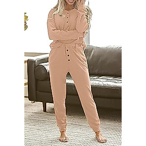 PRETTYGARDEN Women's 2 Piece Waffle Knit Lounge Outfit Long Sleeve Henley Top and Sweatpants Set Tracksuit (Khaki,Medium)