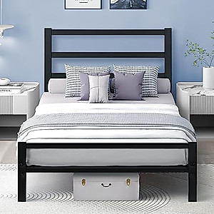 HOMBCK Twin Bed Frames with Headboard and Footboard, 12 Inch Bed Frame Twin with Under Bed Storage, Heavy Duty Bed Frame No Box Spring Needed, Easy Assembly, Black