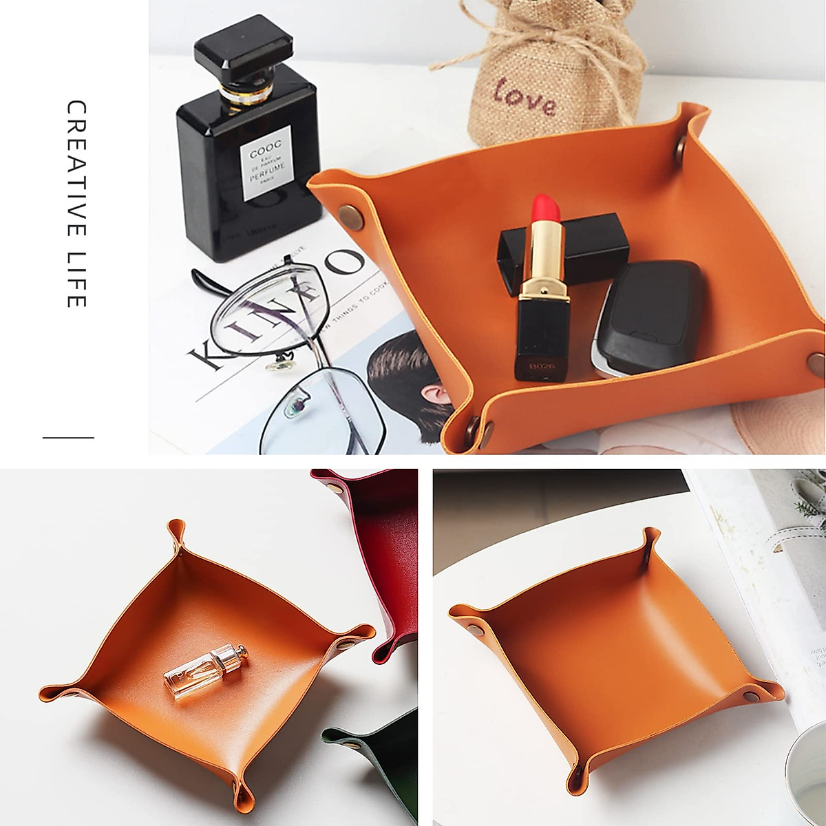 Banugo Valet Tray, Small Catchall Tray, Leather Tray, Foldable Jewelry Organizer, Suitable for Travel, Nightstand, Storage, Home or Office (Orange-S)