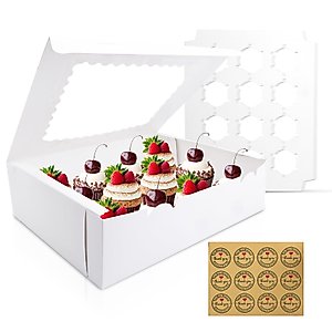 Luck.WH 12PCS Cupcake Boxes 12 Count Cupcake Container with Window White Cupcake Holder Holding 144 Cupcakes for Birthday Holiday Party Bakery Supplies(12.8"x 9.84"x 3.54")