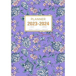 Planner July 2023-2024 June: A4 Large Notebook Organizer with Hourly Time Slots | Vintage Flower Leaf Design Blue-Violet
