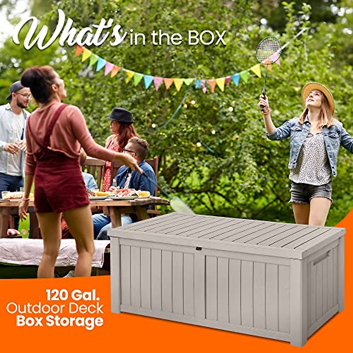 SereneLifeHome 120-Gallon Deck Storage Box - Waterproof Outdoor Large Resin,Garden Tools, Patio Furniture & Sports Equipment, Water-resistant, Weatherproof, Lock Included (SLSTBX60)