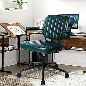 KLASIKA Mid Century Office Chair Retro Leather Desk Chair with Arms Swivel Vintage Chair Adjustable Seat Height & Backrest for Home Office Computer, Green