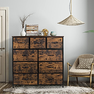 CERBIOR Wide Drawer Dresser Storage Organizer 9-Drawer Closet Shelves, Sturdy Steel Frame Marbling Wood Top with Easy Pull Fabric Bins for Clothing, Blankets (9-Rustic Brown Drawers)