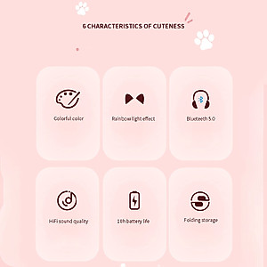 Cat Ear Headphones, Bluetooth 5.0 Cute Cat Ear Headphones Foldable HiFi Sound Quality Stereo Effect Rainbow Light Effect Kitty Gaming Headset for Kids Boys Girls PC Laptops Smartphones