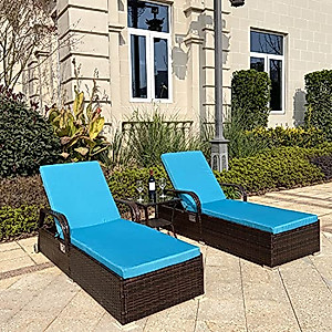 DECMICO Chaise Lounge Chair Set of 3 Outdoor Wicker Patio Furniture, Infinite Position Adjustable Backrest with Removable Cushion and a Glass Table,Ideal for Yard, Garden, and Backyard (Turquoise)