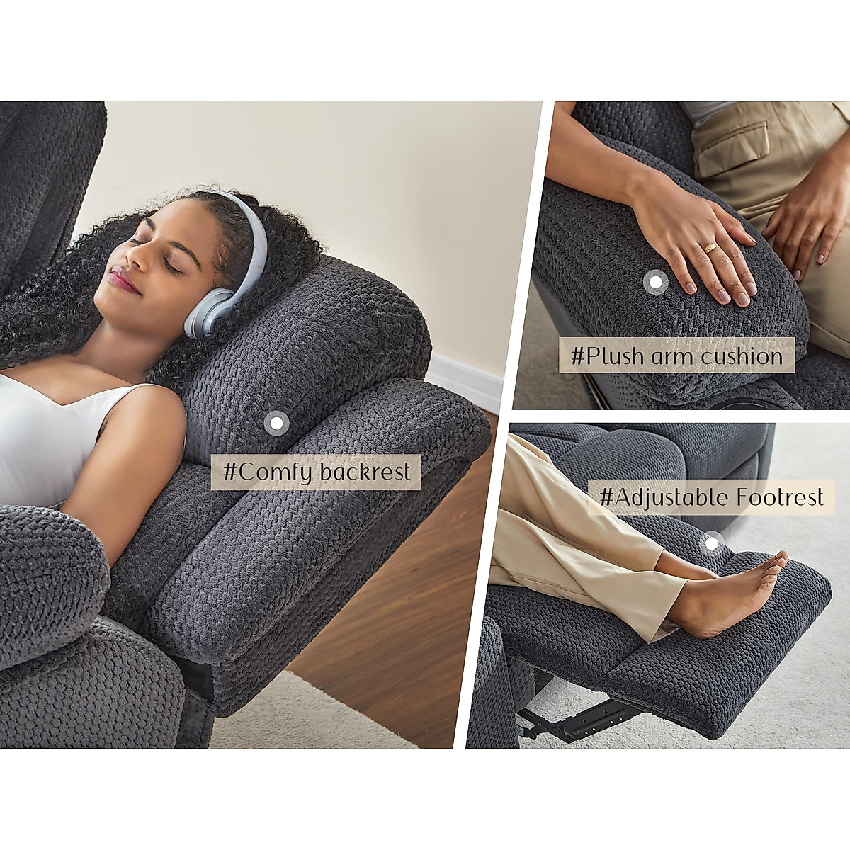 VanAcc Recliner Couch, 3 Seater Sofa Recliner with Cup Holders for Living Room- 85 inch Comfy Couch with Dual Wingback Recliner, Grey Oversized Recliner