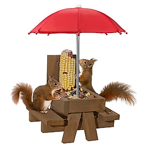 MIXXIDEA Wooden Squirrel Picnic Table Feeder, Durable Squirrel Feeders for Outside with Solid Structure Chipmunk Feeder with Corn Cob Holder and 2 X Thick Benches - Brown
