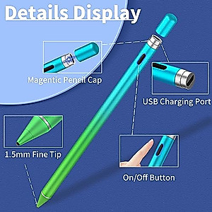 Stylus Pens for Touch Screens, Universal Fine Point iPad Pencil with Magnetic Cap for iPad, iPhone, Android, Tablet and Other Capacitive Touch Screen, Stylus Pen for iPad in Writing (Blue Green)
