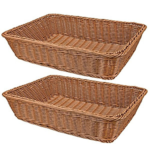 Yarlung 2 Pack Poly Wicker Woven Bread Basket, 16 Inch Rectangular Fruit Baskets Food Serving Holders for Vegetables, Home, Kitchen, Restaurant, Outdoor, Imitation Rattan Brown