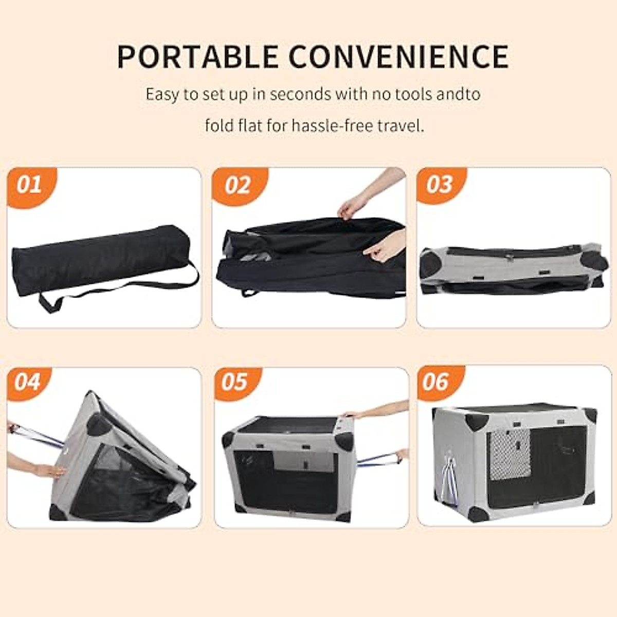 FLARUZIY Soft Collapsible Dog Crates -26 Inch Portable Travel Dog Crate for Small Dogs Cats Indoor & Outdoor, 3-Door Foldable Dog Cage Pop Up Pet Kennel with Durable Mesh Windows(Grey)