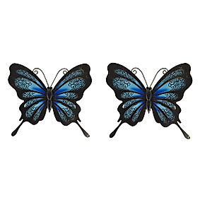 SeasonsEasy Metal and Glass Butterfly Outdoor Patio Garden Wall Decor or Indoor Living Room, Bedroom, Kitchen, Bathroom - Set of 2 Sculpture Butterflies with Blue Design Inserts