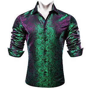 Barry.Wang Mens Shirt Unique Paisley Long Sleeve Silk Woven Flower Dress Shirts Regular Button Up Wedding/Casual Formal