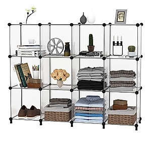 AWTATOS Cube Storage Organizer Modular Storage 12 Cube Bookshelf DIY Plastic Closet Storage Shelves with Wooden Mallet, Ideal Storage Solution for Home, Office, Bedroom, Translucent White
