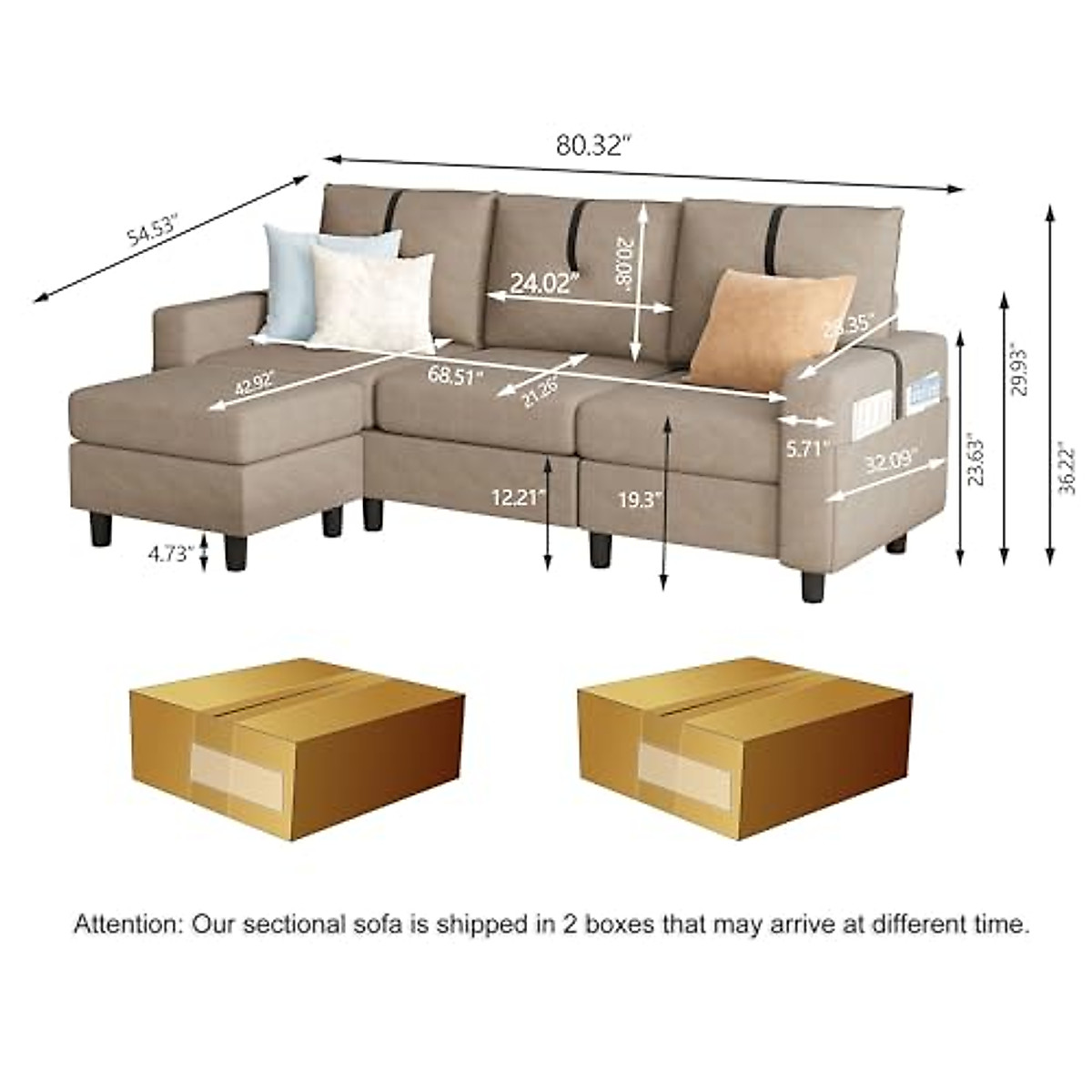 Jarenie 80" Convertible Sectional Sofa, 3-Seat L Shaped Couch with Ottoman, Modern Linen Upholstered Sofa Couches for Living Room, Apartment and Small Spaces, Beige