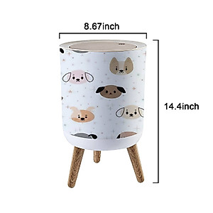 Small Trash Can with Lid Seamless with cartoon dogs for kids Abstract art print with puppies Waste Bin with Wood Legs Press Cover Wastebasket Round Garbage Bin for Kitchen Bathroom Bedroom Office