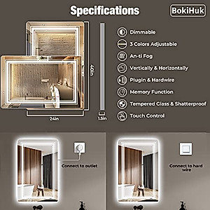 BokiHuk Led Bathroom Mirror with Lights, 40x24 inch Wall Mounted Lighted Vanity Mirror, Makeup Mirror Dimmable Anti-Fog with 3 Colors Light, Waterproof (Backlit & Front-Lighted)