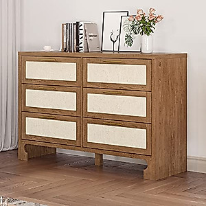 IDEALHOUSE Dresser for Bedroom with 6 Drawers, Burlap Design Wood Drawer Dresser Chest of Drawers for Closet, Living Room, Hallway, Nursery, Kids Bedroom, Caramel