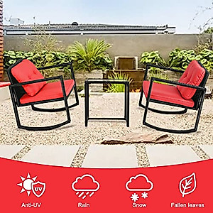 FDW 3 Piece Wicker Patio Furniture Sets Rocking Chair Outdoor Bistro Set Patio Set Rattan Chair Conversation Set with Porch Chairs and Coffee Table,Red