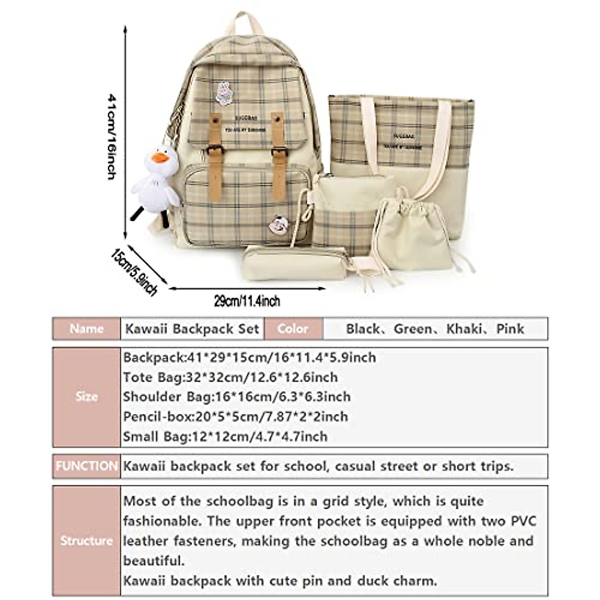 DAHUOJI 5Pcs Kawaii Backpack Set with Badge & Duck Pendant,Japanese Aesthetic Check Bookbag for Girls Cute Plaid School Bags Comes with Tote Bag,Shoulder Bag,Pencil Box,Small Bag(Khaki,16in)