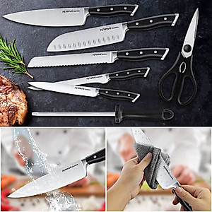 FETERVIC Knife Set with Block, 12-Piece Premium Kitchen Knife Set with Chef Knife, Sharpener and Serrated Steak Knives, Ultra Sharp German Stainless Steel Chef Knife Set