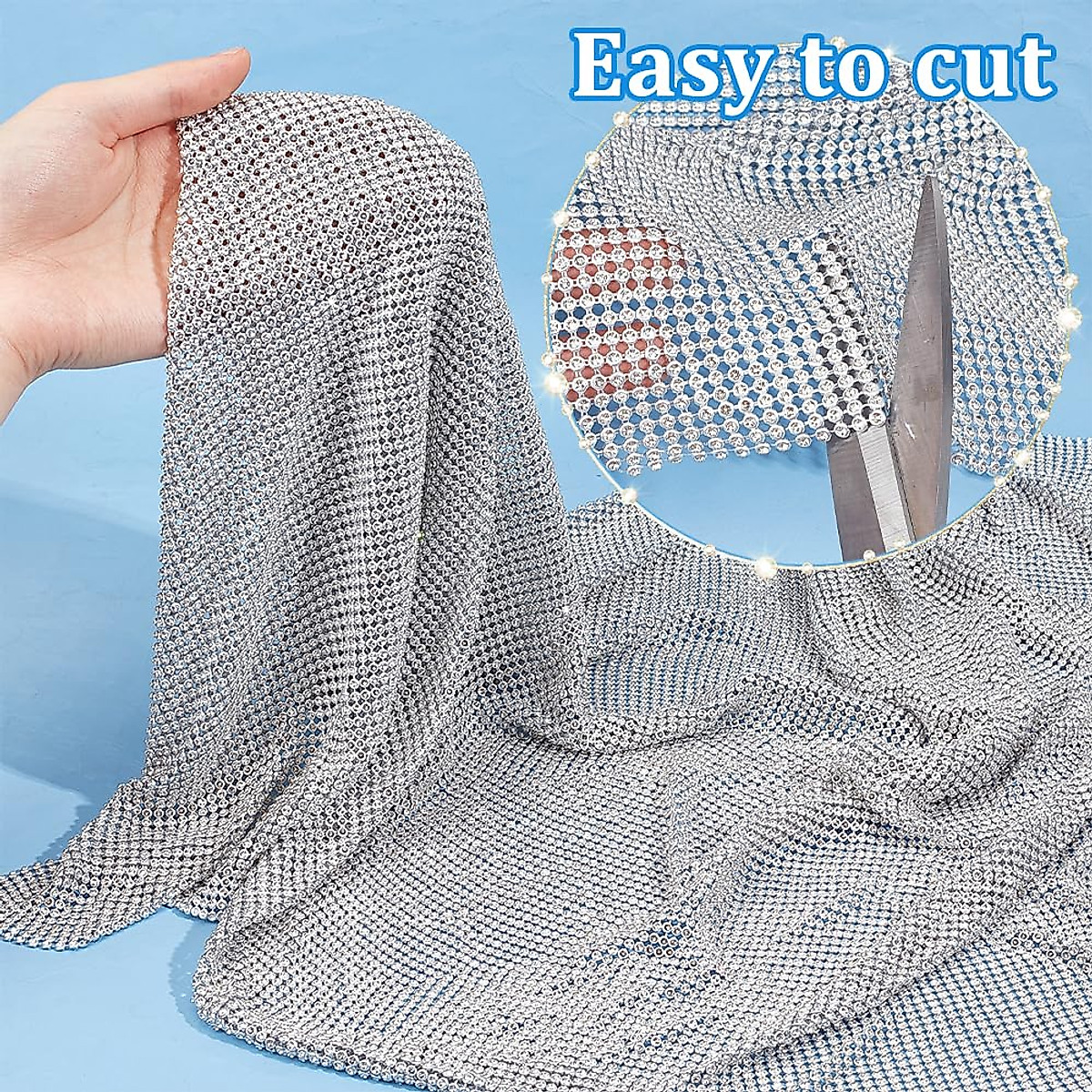 OLYCRAFT Metal Rhinestone Mesh Fabric 47x20 Inch Rhinestone Mesh Cloth Sparkling Rhinestone Ribbon Bling Rhinestone Diamond Ribbon Mesh Wrap Cuttable for Clothing Bag Making Party Decorations