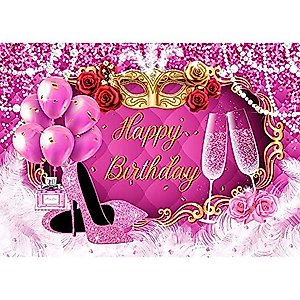 7x5ft Pink Happy Birthday Backdrop High Heel Mask Pink Glitter Backdrop for Birthday Party 50th 70th Birthday Backdrop in Pink Birthday Backdrop for Women