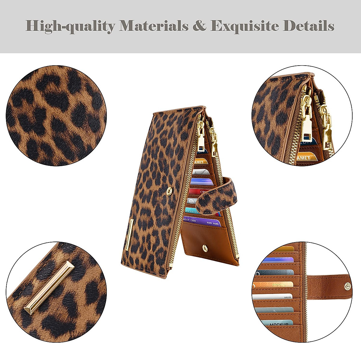 Coco Rossi Womens RFID Blocking Glitter Leather Multi Card Organizer Bifold Black Wallet with Zipper Pocket,Leopard