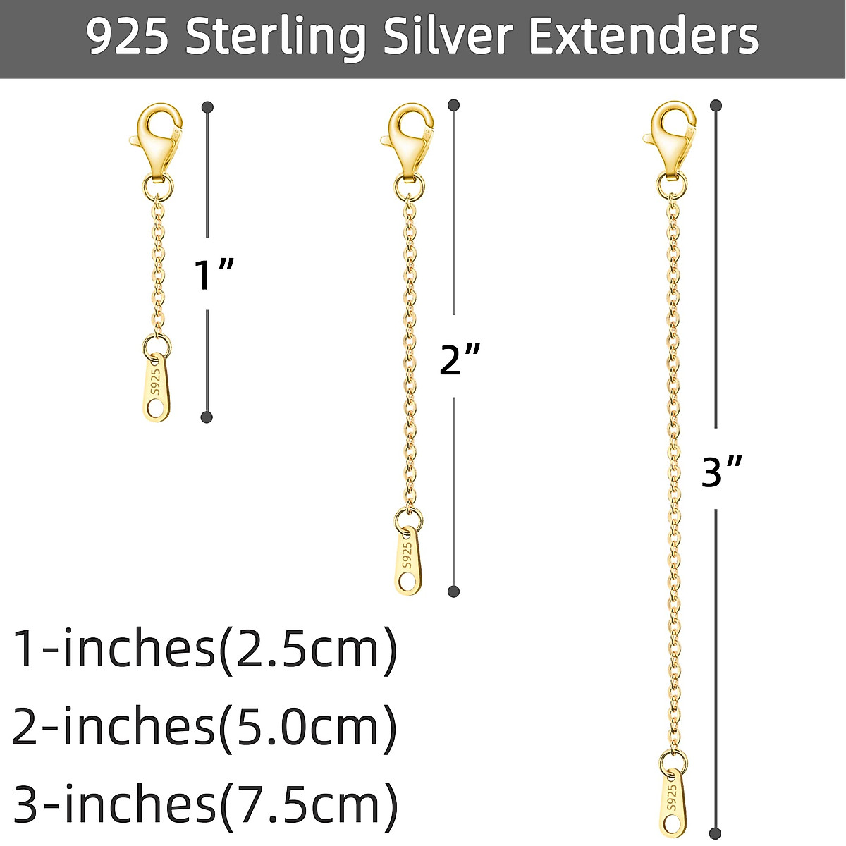 VANBARIS Necklace Extenders Gold Chain Extenders for Necklaces Extensions Sterling Silver Bracelet Extender Gold Necklace Extenders for Women 3 Piece Set, 1 2 3 Inch