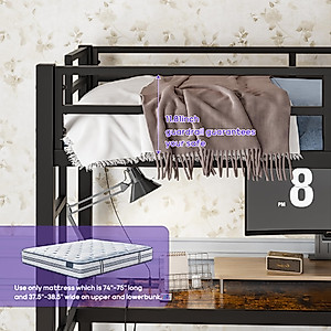 METAN Metal Loft Bed with Desk, Metal Loft Bed Frame with LED Light, Metal Bed with Desk with Charging Outlets, Noise-Free, Space-Saving, Black, Assembly Required